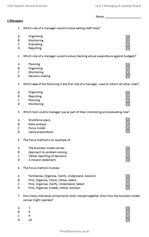 AQA Applied General Business Unit 4 Multiple Choice Questions