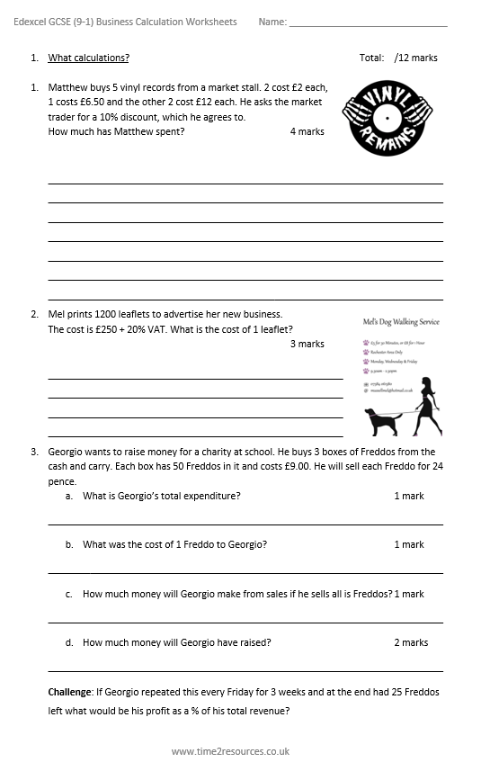 Edexcel GCSE (9-1) Business Calculation Worksheets