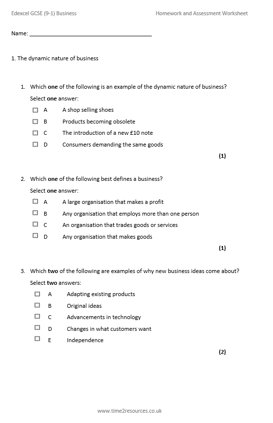 Edexcel GCSE (9-1) Business Homework and Assessment Worksheets